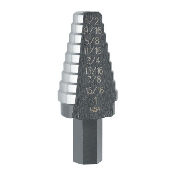 Irwin Drill Bit, Step / Unibit, 8 Hole Sizes, 0.500" Shank, 0.562" - 1. ...