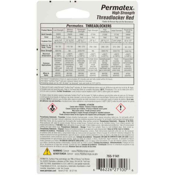 Permatex Threadlocker, High Strength, Red, 6 ml. Tube